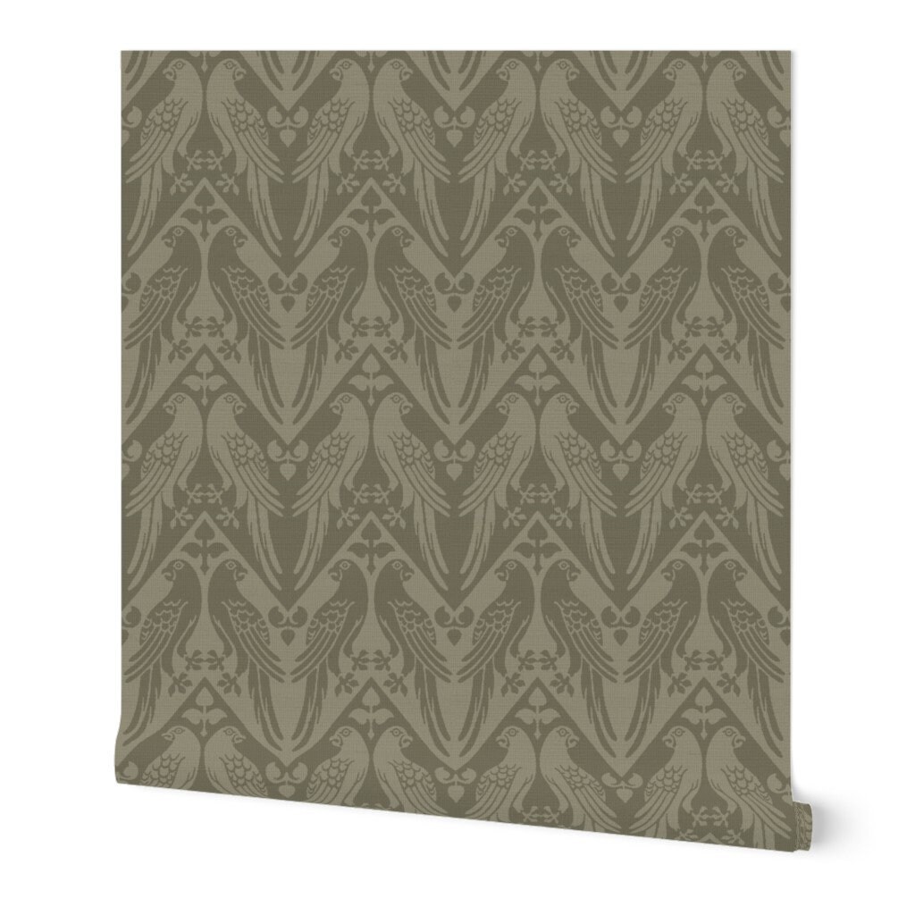 Dark Sage Damask Grasscloth Wallpaper Vintage Birds by Adrienne_donovan ...