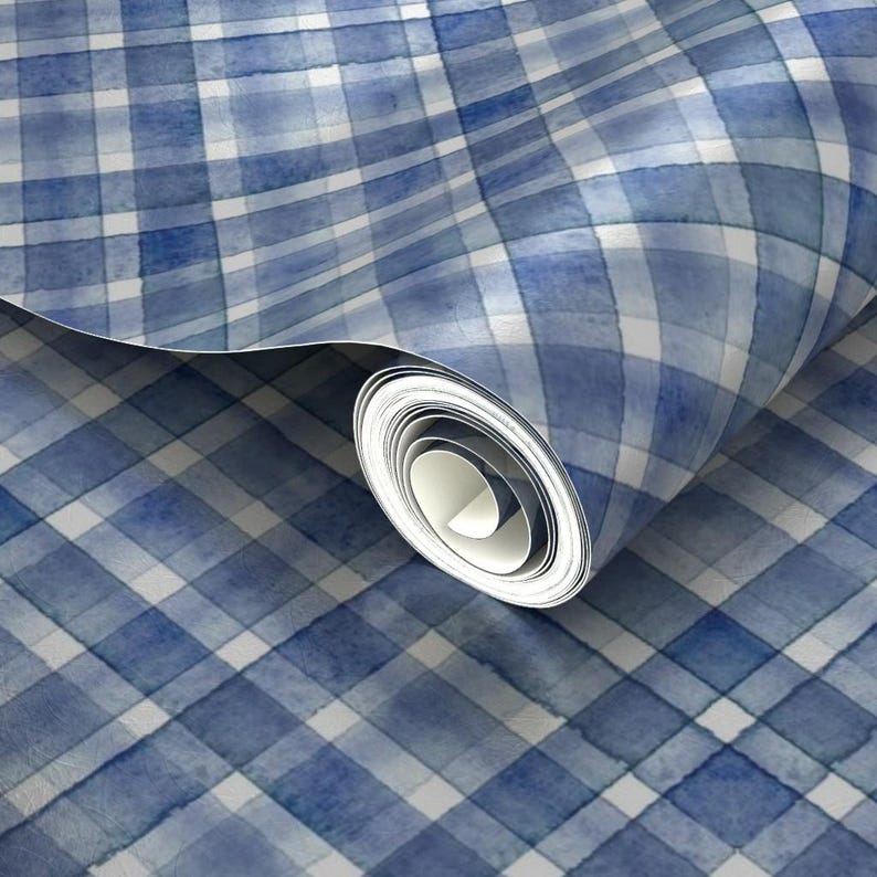 Blue Plaid Gold or Silver Metallic Wallpaper - Watercolor Blue Plaid by ...