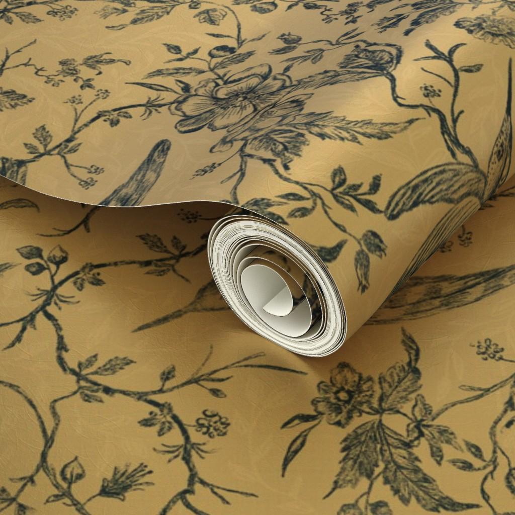 Blue Floral Toile Gold or Silver Metallic Wallpaper - Hummingbird Toile ...