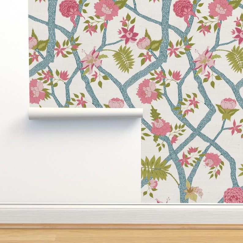 Colorful Preppy Grasscloth Wallpaper - Peony Branch White by Danika ...
