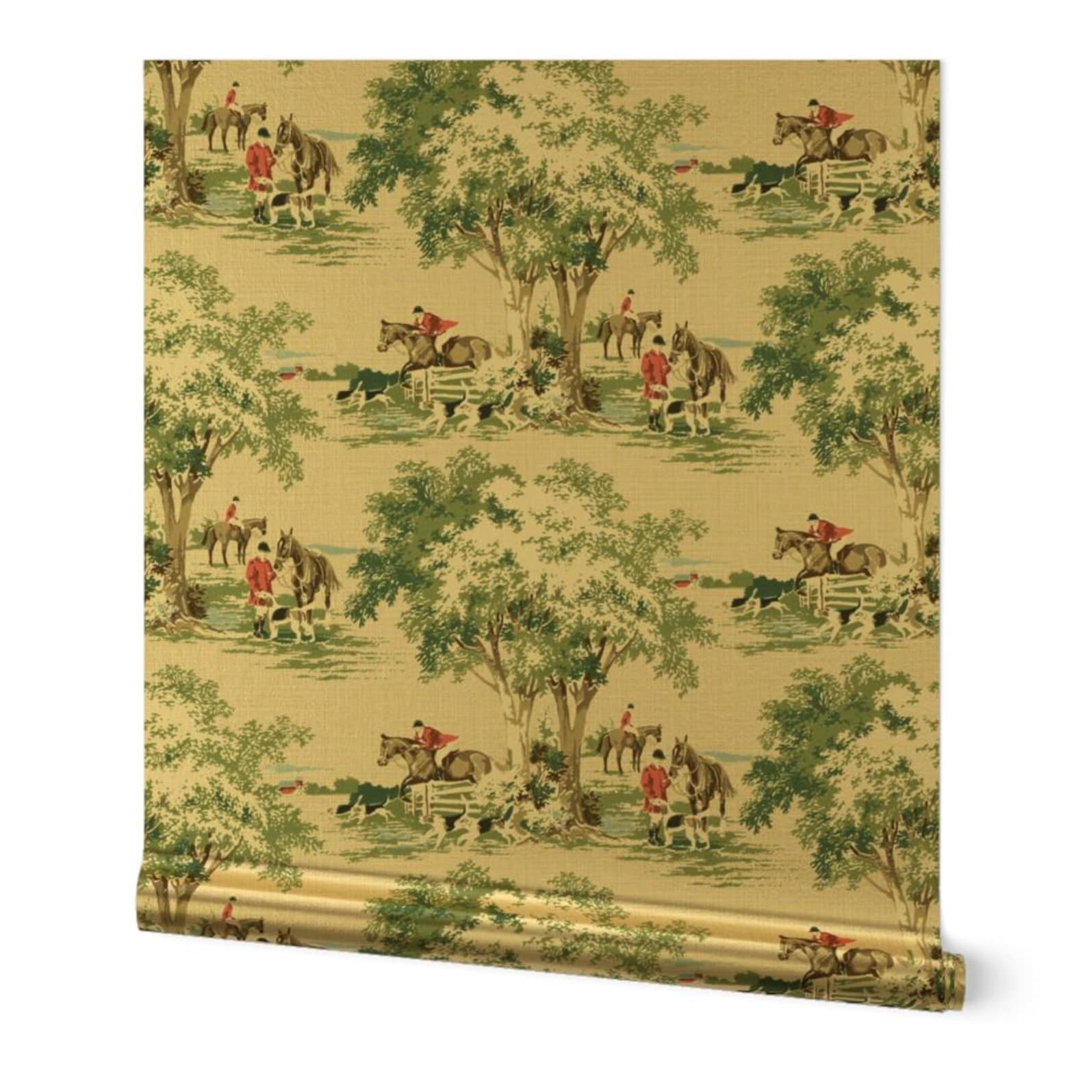 Equestrian Toile Gold or Silver Metallic Wallpaper - Hunt Scene by ...