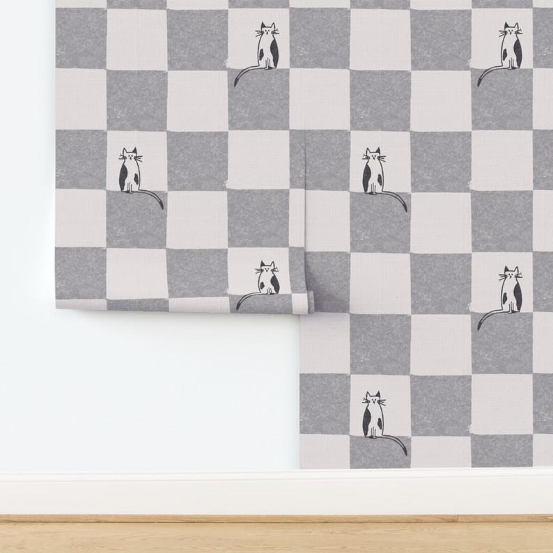 Checkered Cat Grasscloth Wallpaper - Checkerboard Kitty by Marielemoal ...