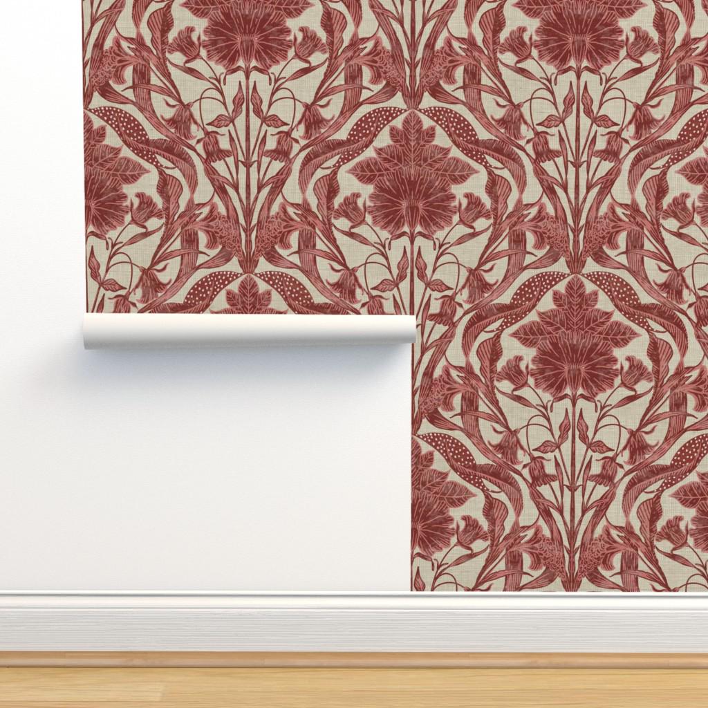 Ruby Red Floral Grasscloth Wallpaper - Block Print by Smokeinthewoods ...
