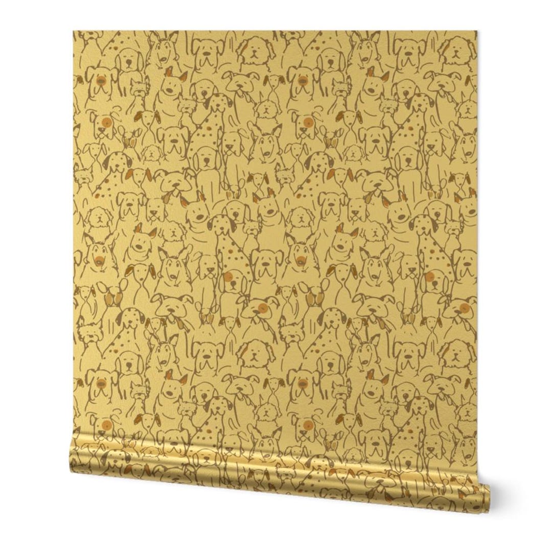 Whimsical Dog Gold or Silver Metallic Wallpaper - Neutral Doodle Dogs ...