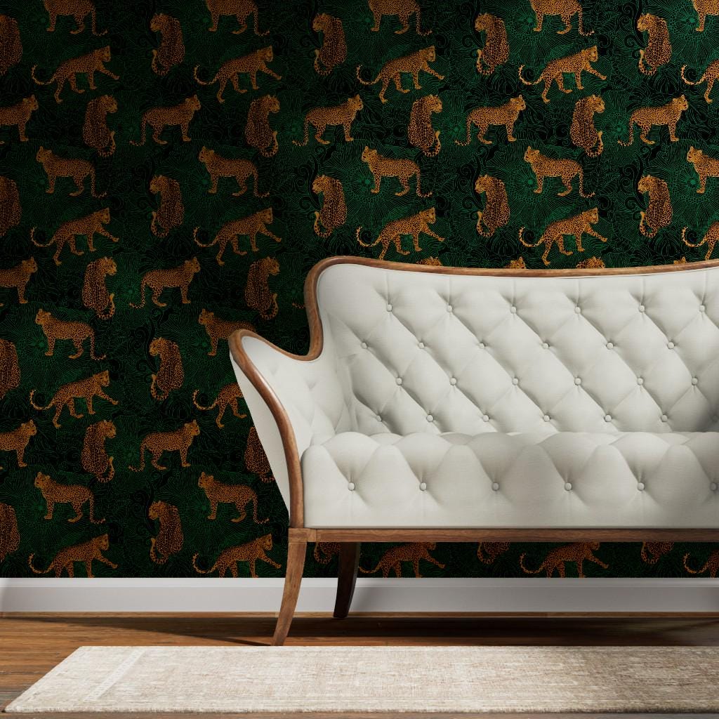 Jaguar Green Gold or Silver Metallic Wallpaper - Leopard Exotic Jungle ...