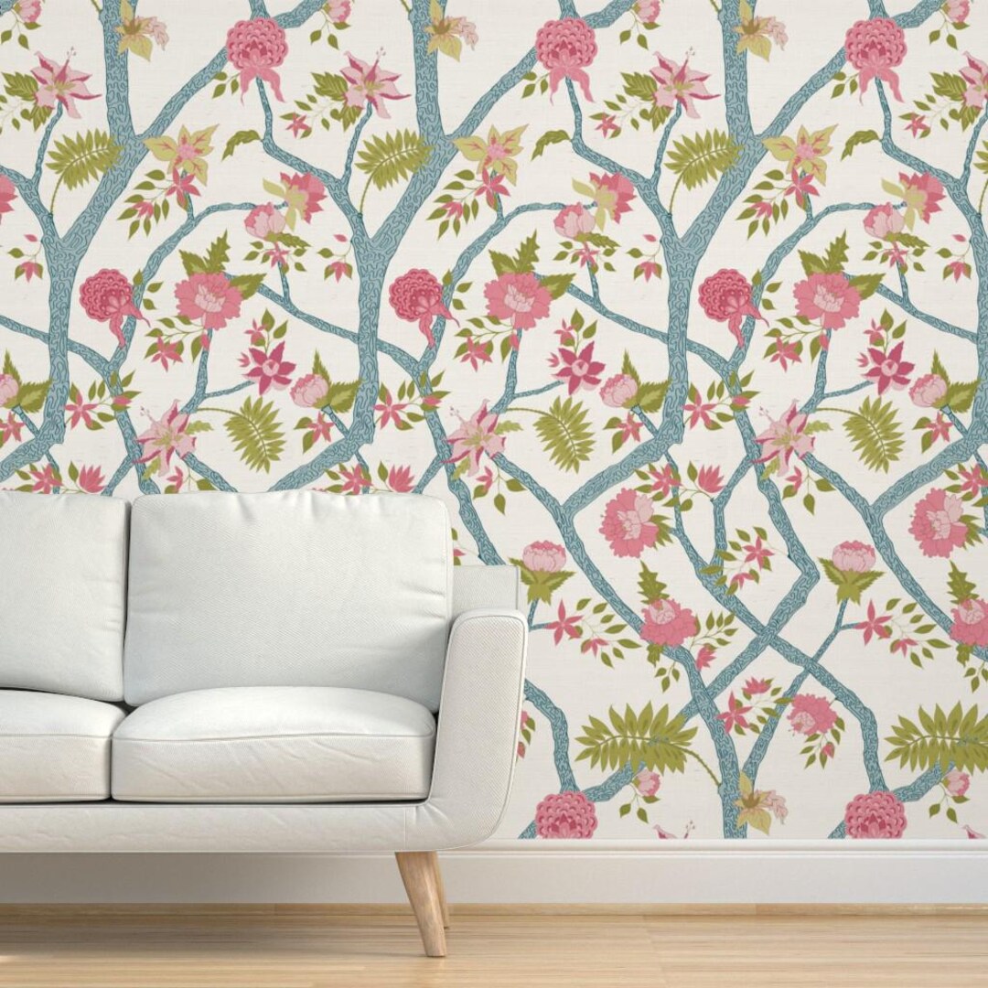 Colorful Preppy Grasscloth Wallpaper - Peony Branch White by Danika ...
