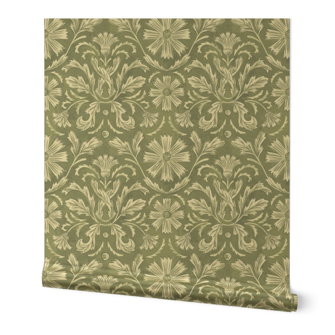 Sage Green Damask Gold or Silver Metallic Wallpaper Sage Damask by Jen ...