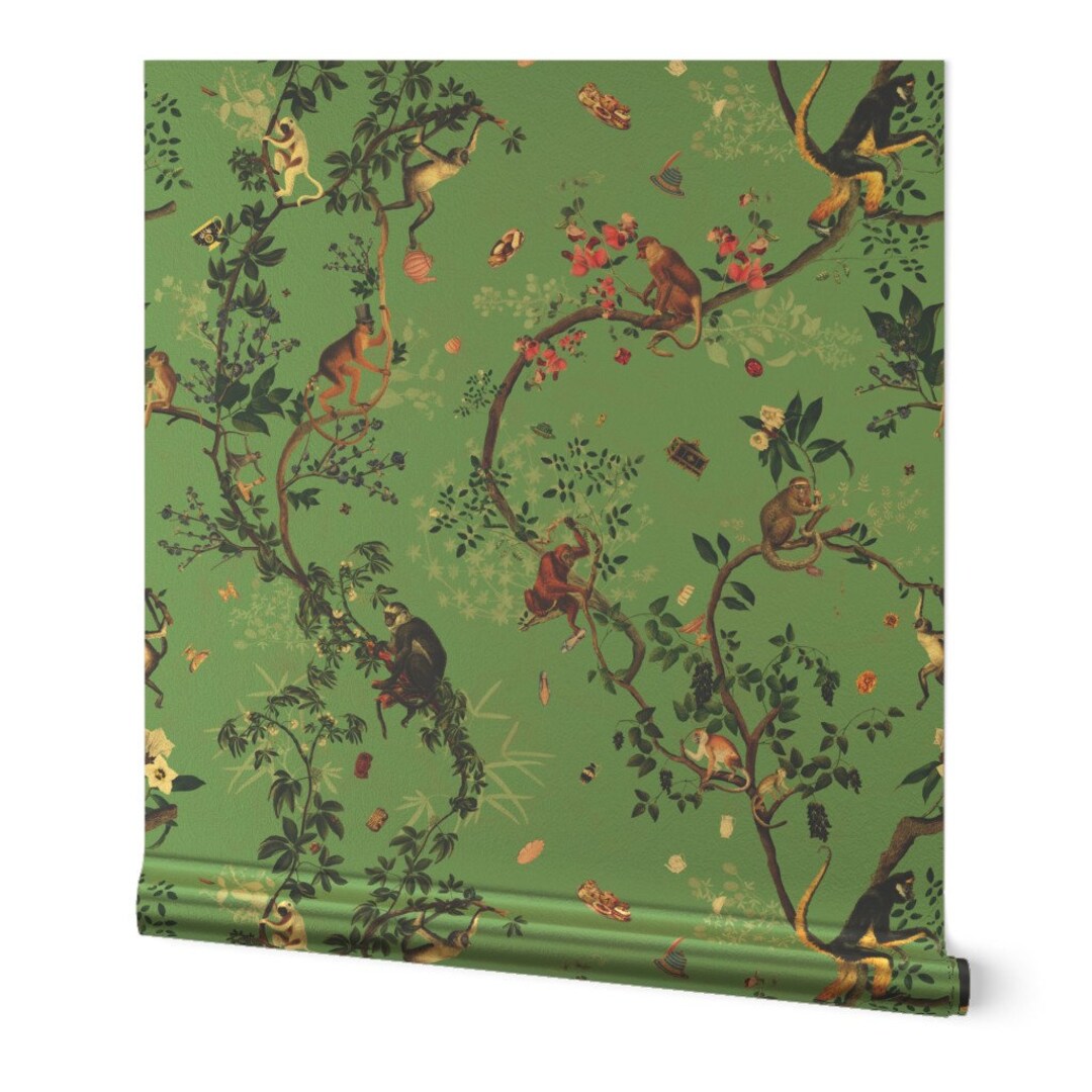 Glam Chinoiserie Gold or Silver Metallic Wallpaper Monkey World by ...