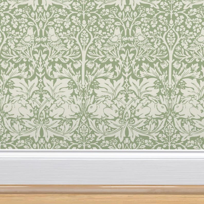 Victorian Garden Grasscloth Wallpaper - Rabbit in Green by ...