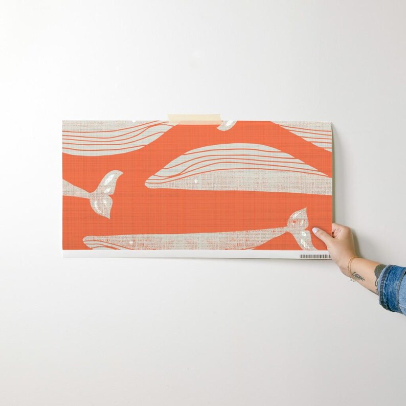Whales Grasscloth Wallpaper Whales on Orange by Gemmalouisedesigns ...
