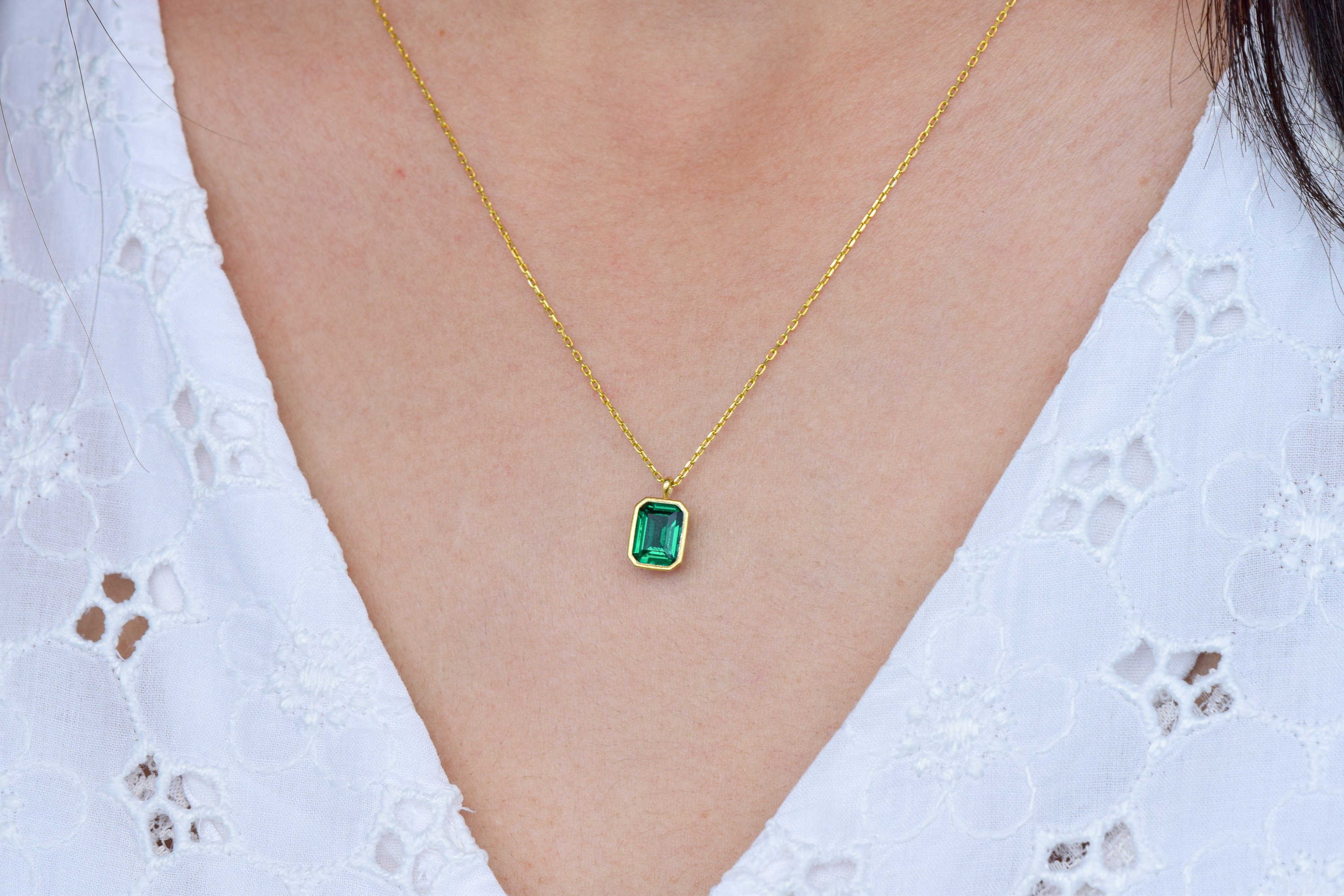 Emerald Necklace I Rectangle Bezel Necklace I 14K Solid Gold Emerald ...