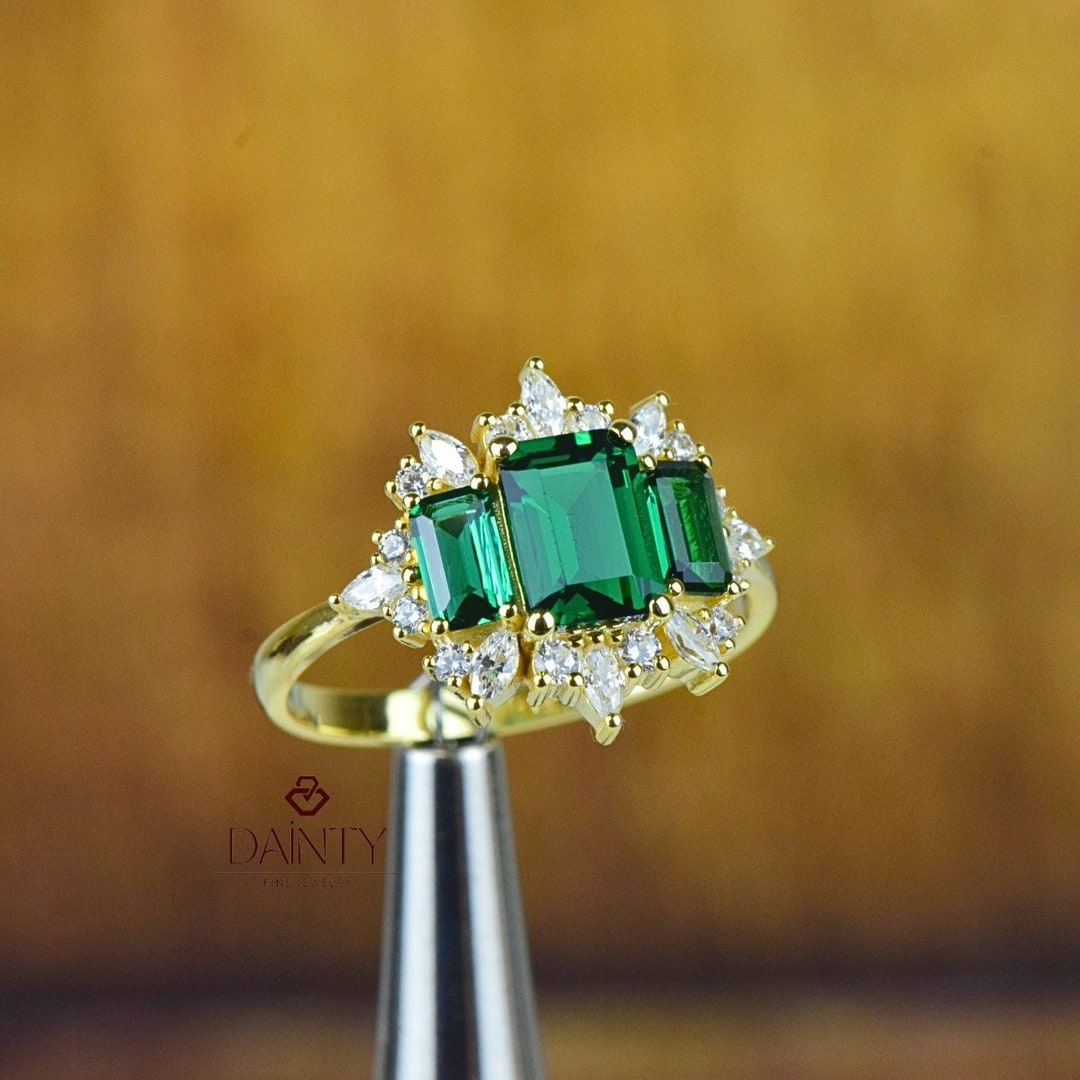 Three Stone Rectangle Emerald Ring I 14K Gold Halo Engagement Ring I ...