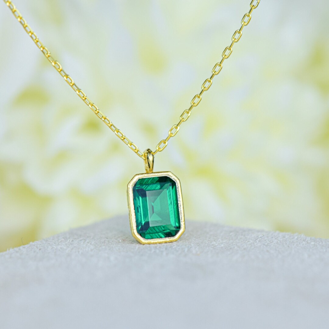Emerald Necklace I Rectangle Bezel Necklace I 14K Solid Gold Emerald ...