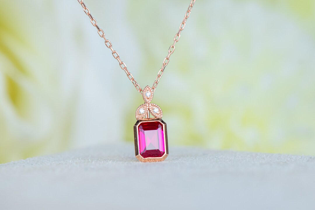 Ruby Gold Necklace I Rectangle Bezel Cut Ruby Necklace I Sterling ...