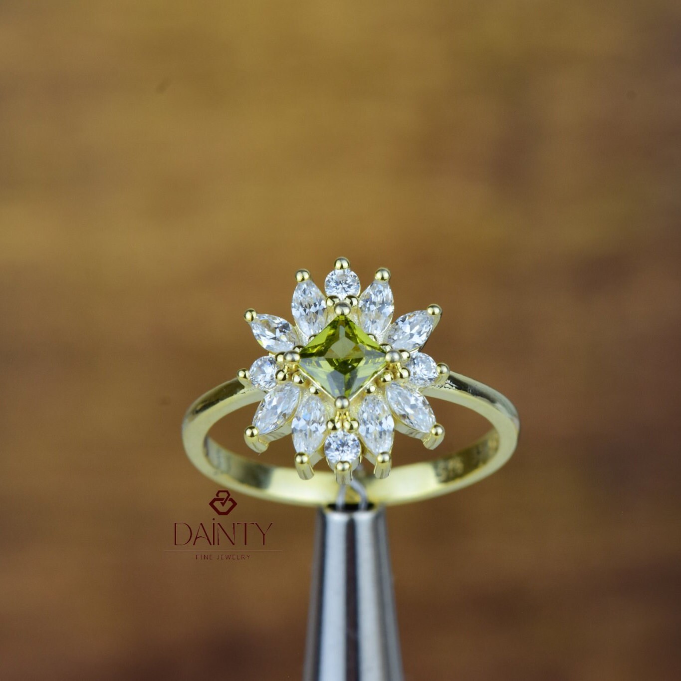 Princess Cut Peridot Ring I Multi Stone Floral Ring I 14K Solid Gold ...