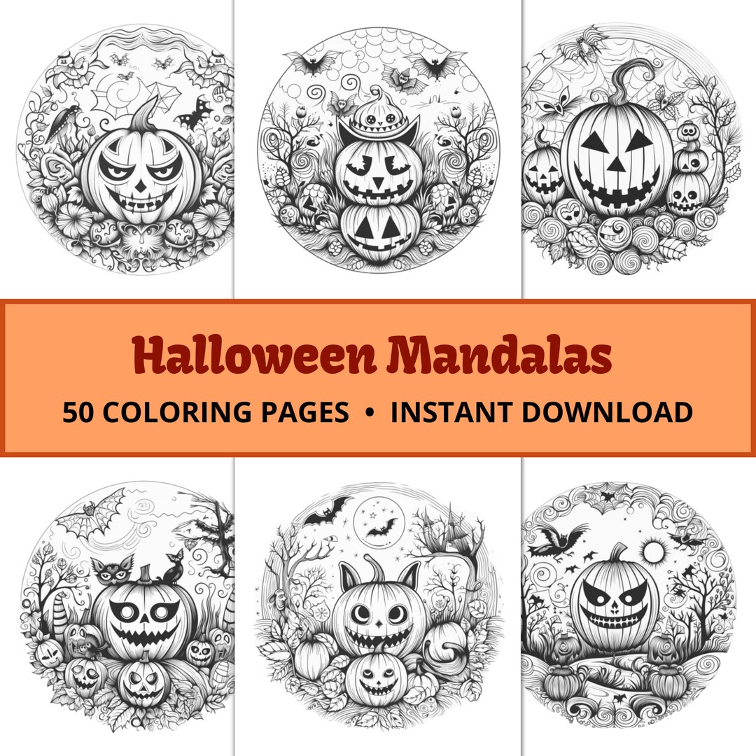 Halloween Mandalas 50 Coloring Pages Greyscale Kids and Adults Digital ...