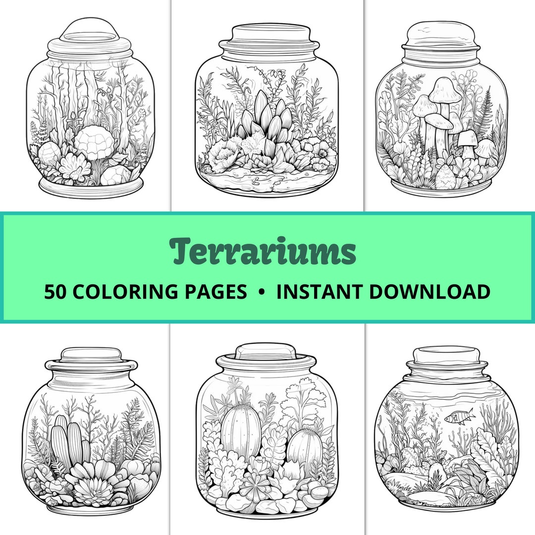 Terrariums 50 Coloring Pages Greyscale Kids and Adults Digital Download ...