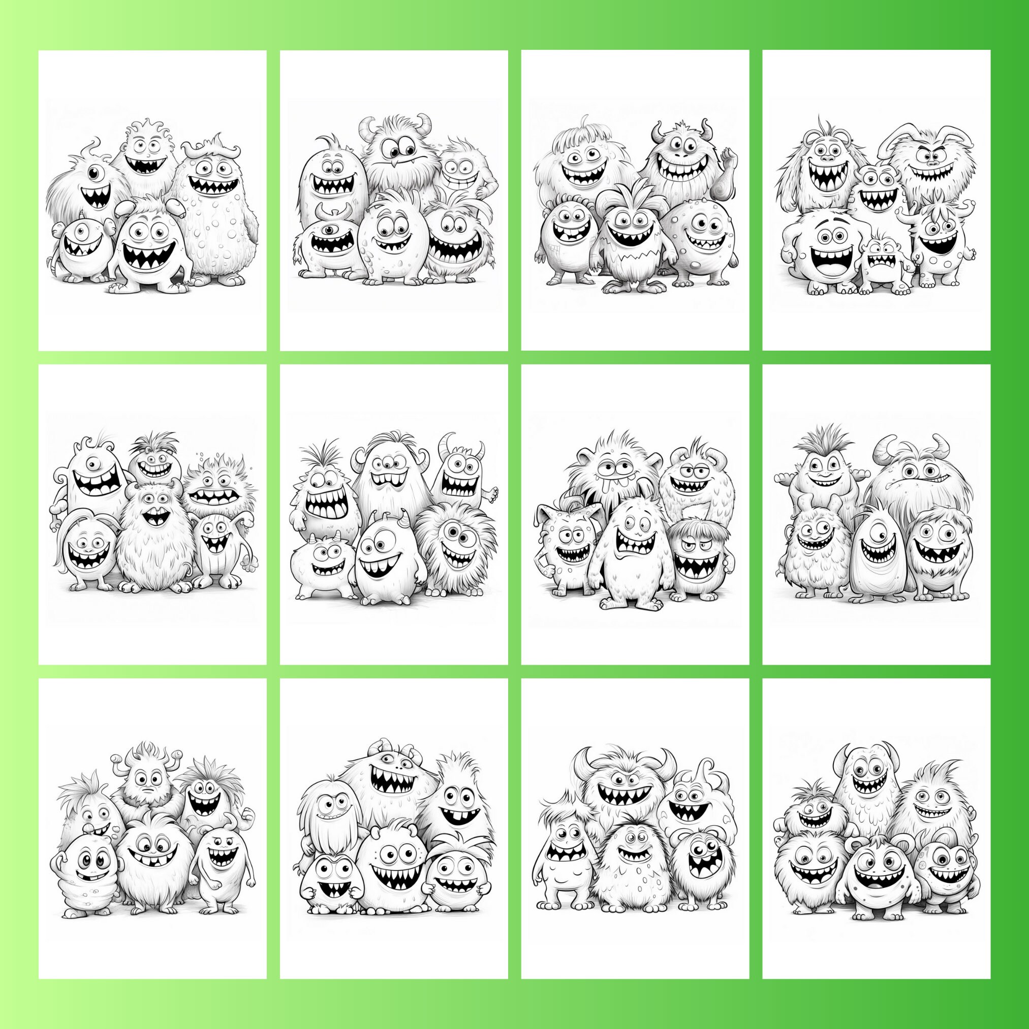 Monster Families 50 Coloring Pages Greyscale Kids and Adults Digital ...