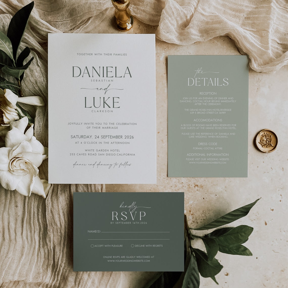 Sage Green Wedding Invitation Suite Template Green Invitation Bundle ...