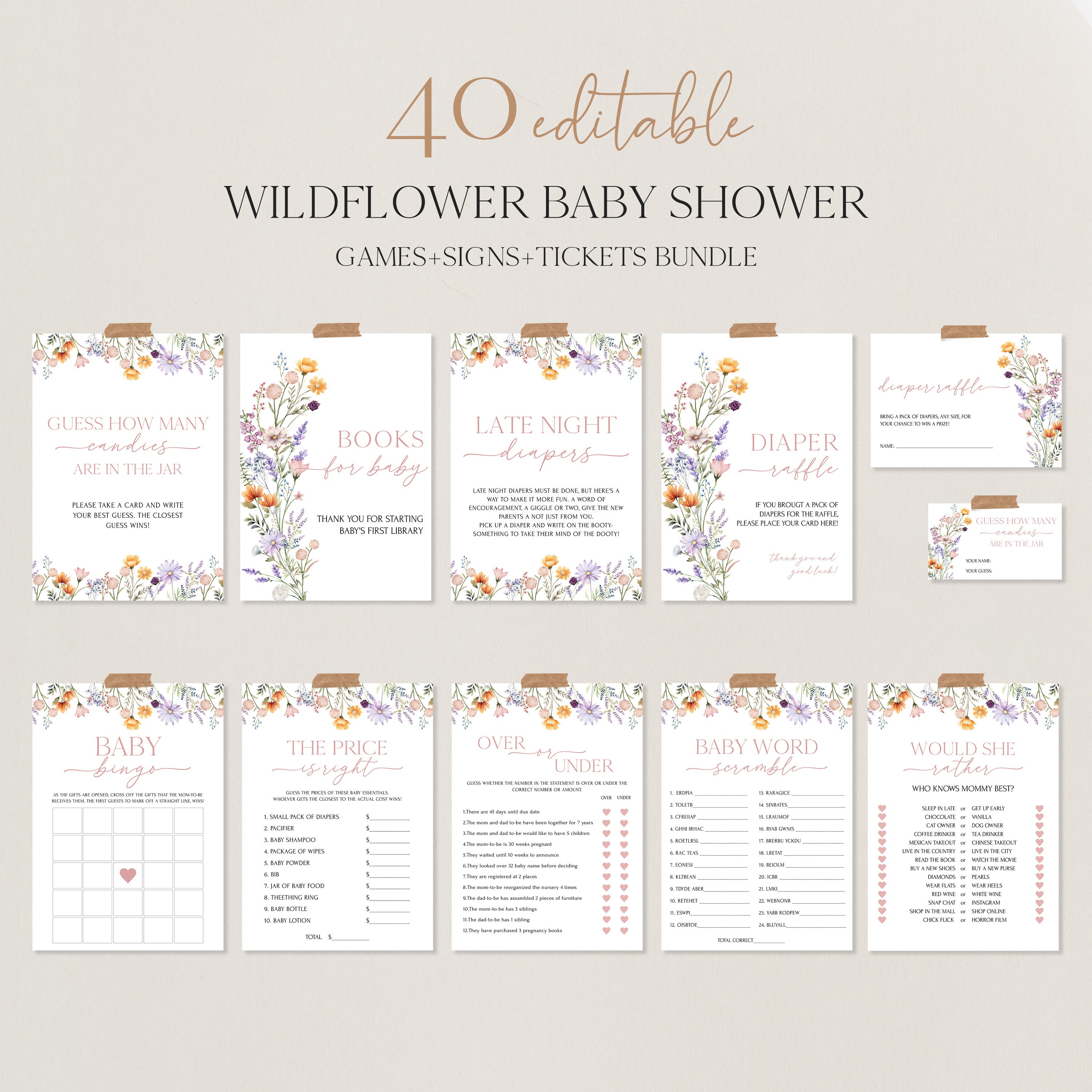 Wildflower Baby Shower Games Bundle Floral Baby Shower Games Printable ...