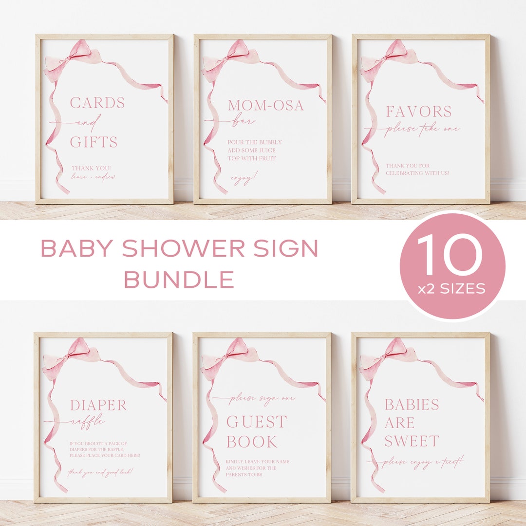 Pink Bow Baby Shower Sign Bundle, Watercolor Ribbon Table Sign Set Girl ...