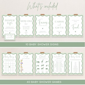 Green Wavy Border Baby Shower Games Bundle Scalloped Frame Signs Set ...