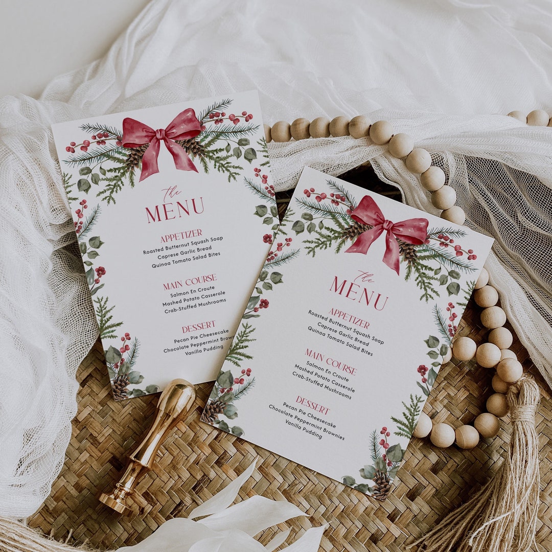 Christmas Menu Template, Red Bow Menu, Editable Christmas Menu ...
