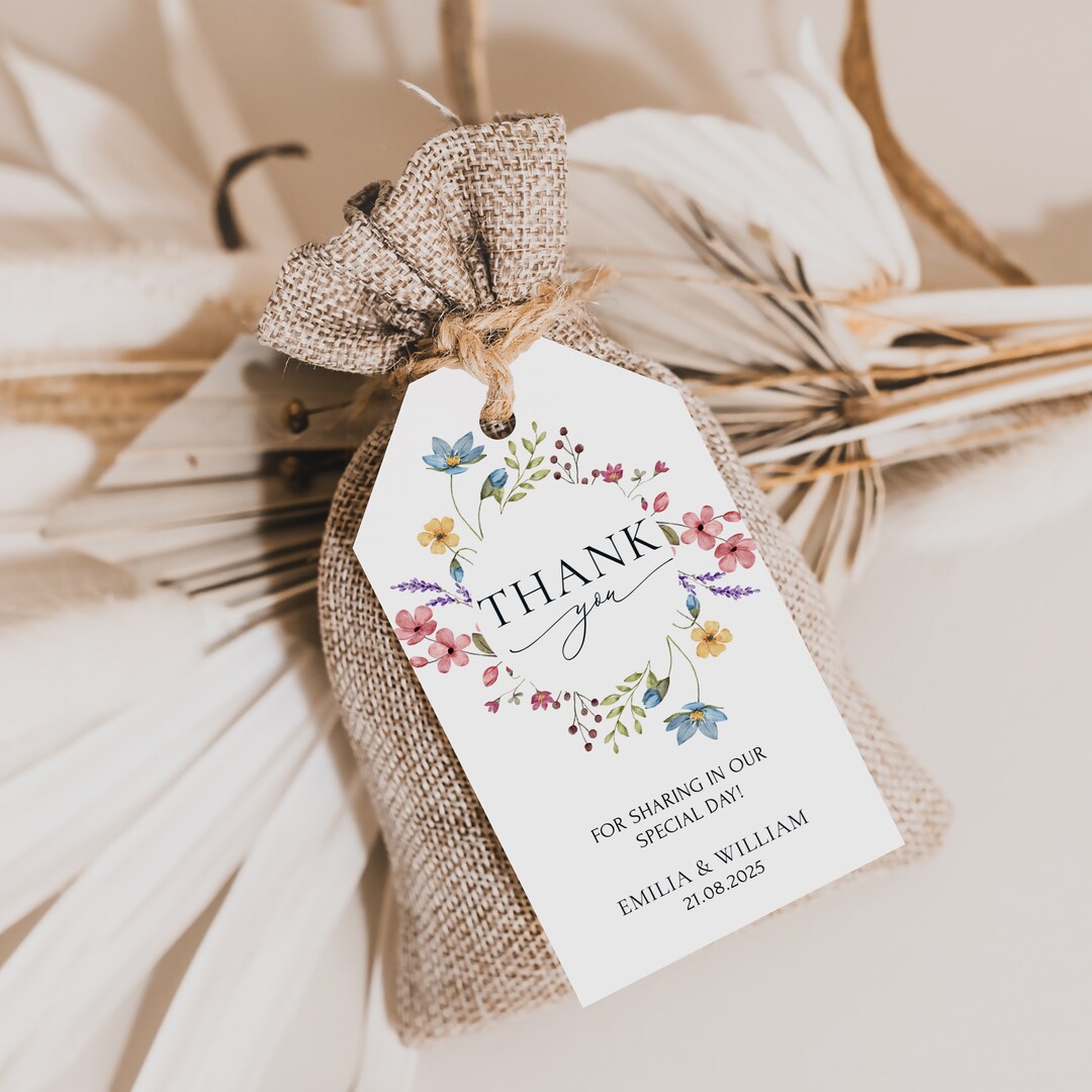 Wildflower Favor Tag Template Editable Wedding Tag Boho Flowers Thank ...