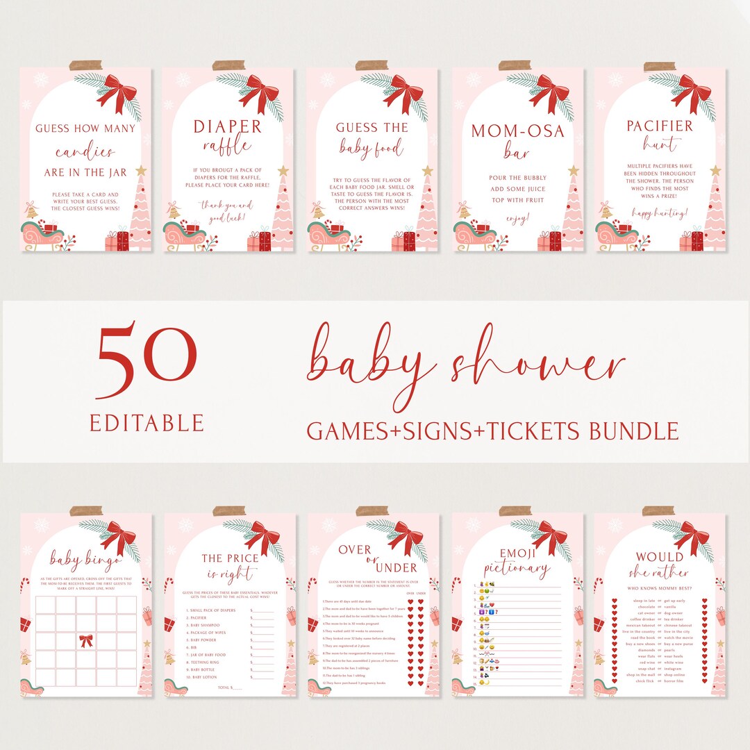 Christmas Baby Shower Games Bundle Pink Table Signs Set Red Bow Baby ...