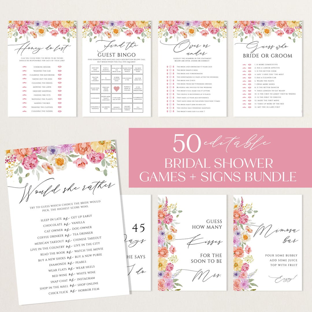 Floral Bridal Shower Games Bundle Colorful Flowers Bridal Shower Signs ...