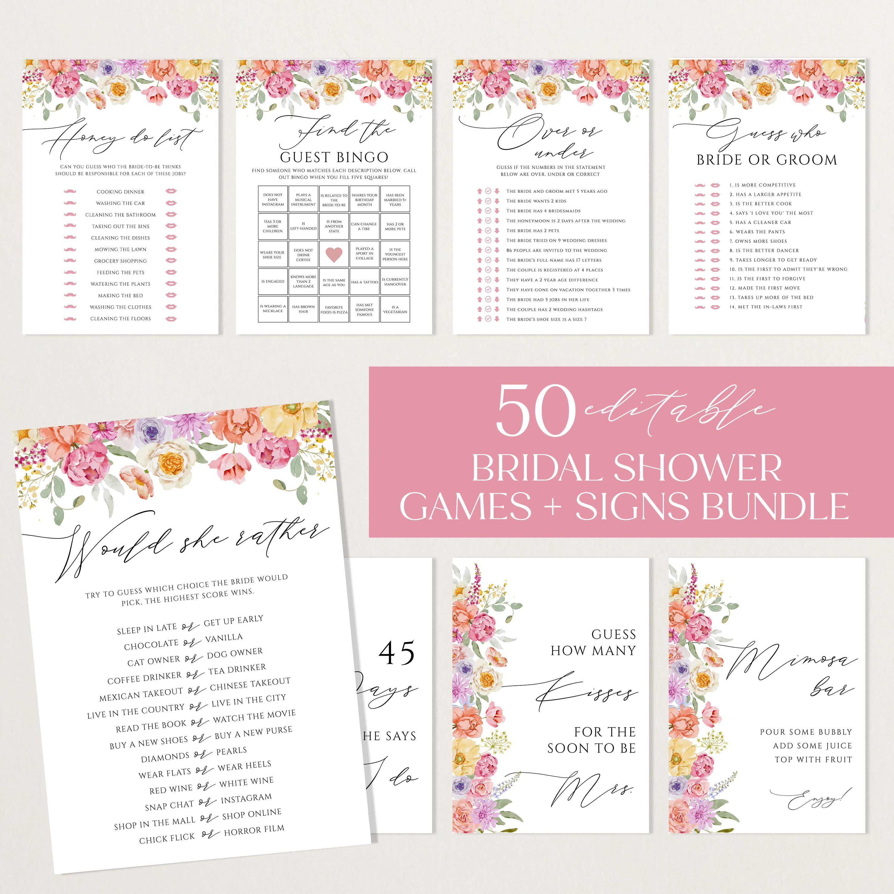 Floral Bridal Shower Games Bundle Colorful Flowers Bridal Shower Signs ...