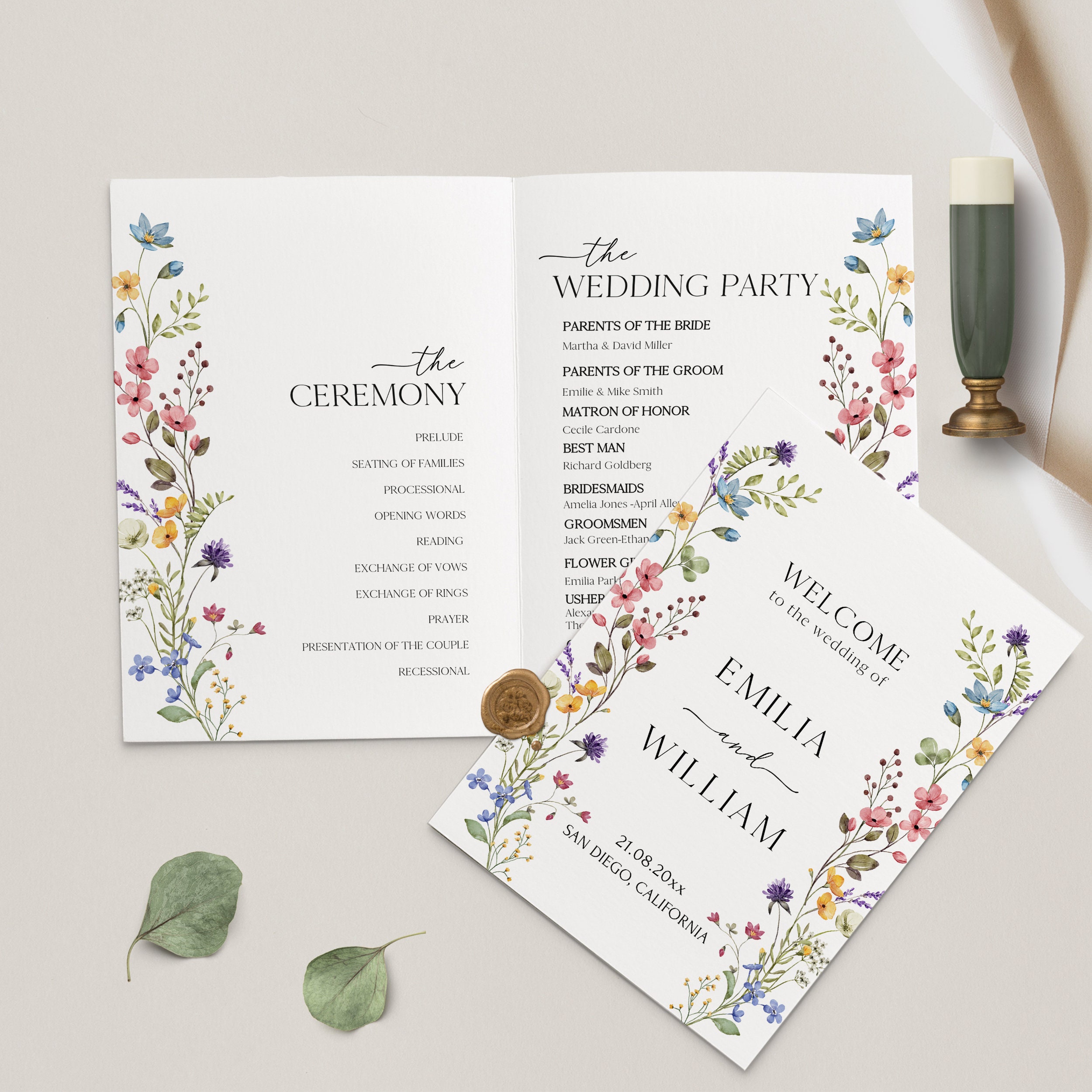 Wildflower Wedding Program Template Floral Wedding Ceremony Program ...