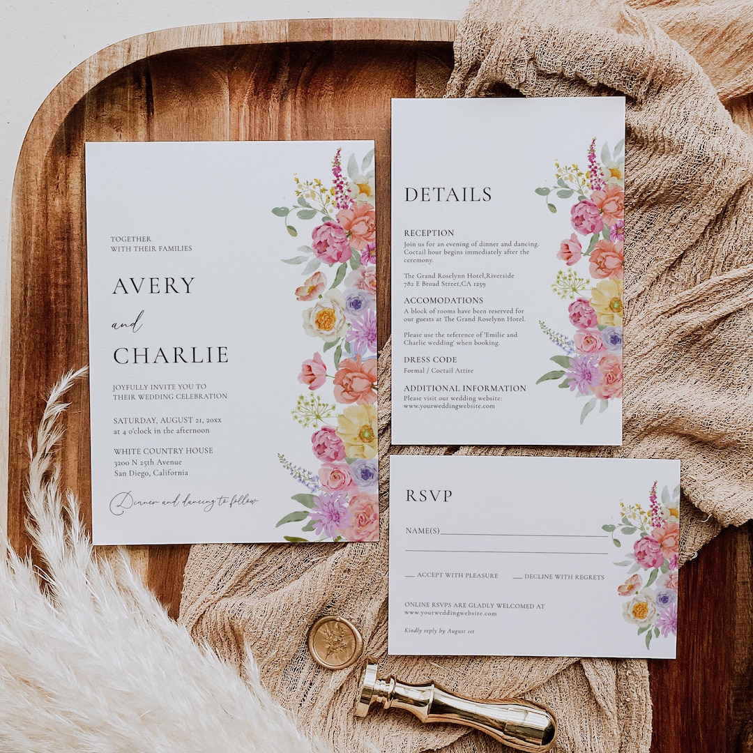 Floral Wedding Invitation Set Templates Pastel Flowers Wedding Invite ...