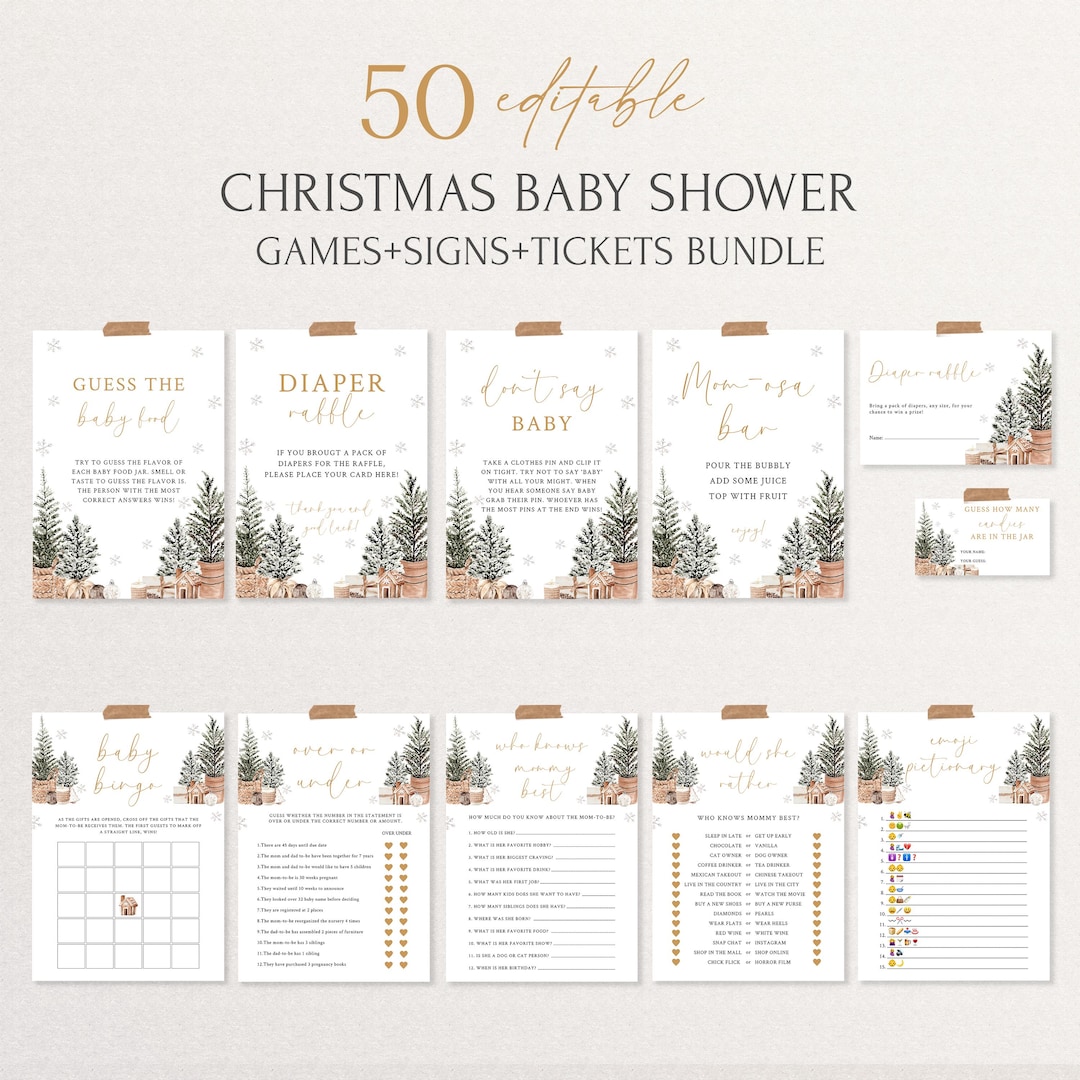 Christmas Baby Shower Games Bundle Pine Tree Table Signs Set Winter ...