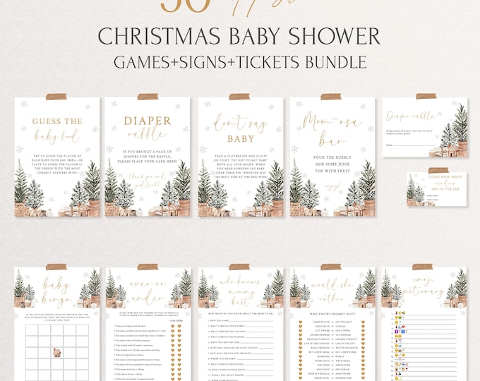 Christmas Baby Shower Games Bundle Pine Tree Table Signs Set Winter ...