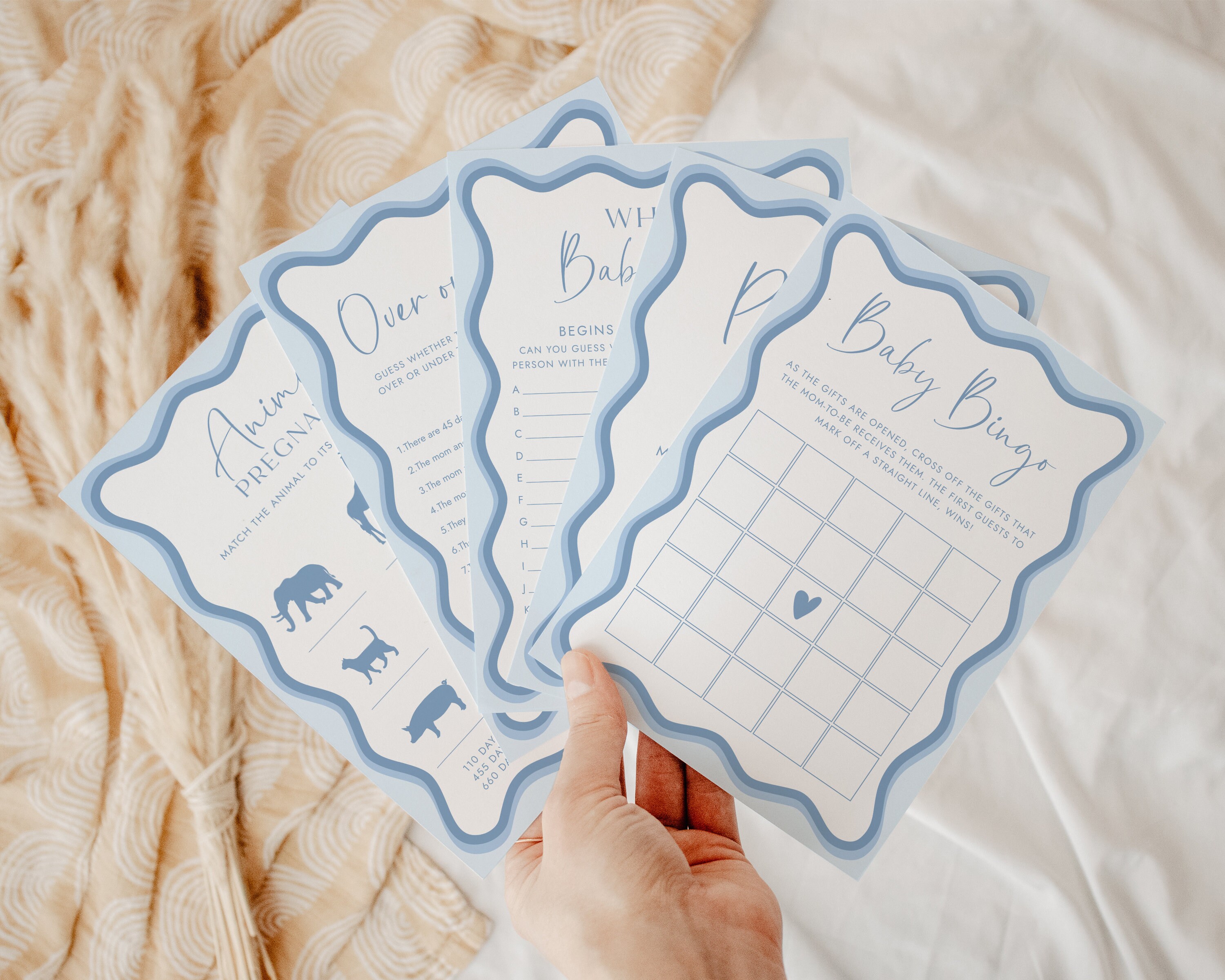 Blue Wavy Border Baby Shower Games Bundle Scalloped Frame Table Signs ...