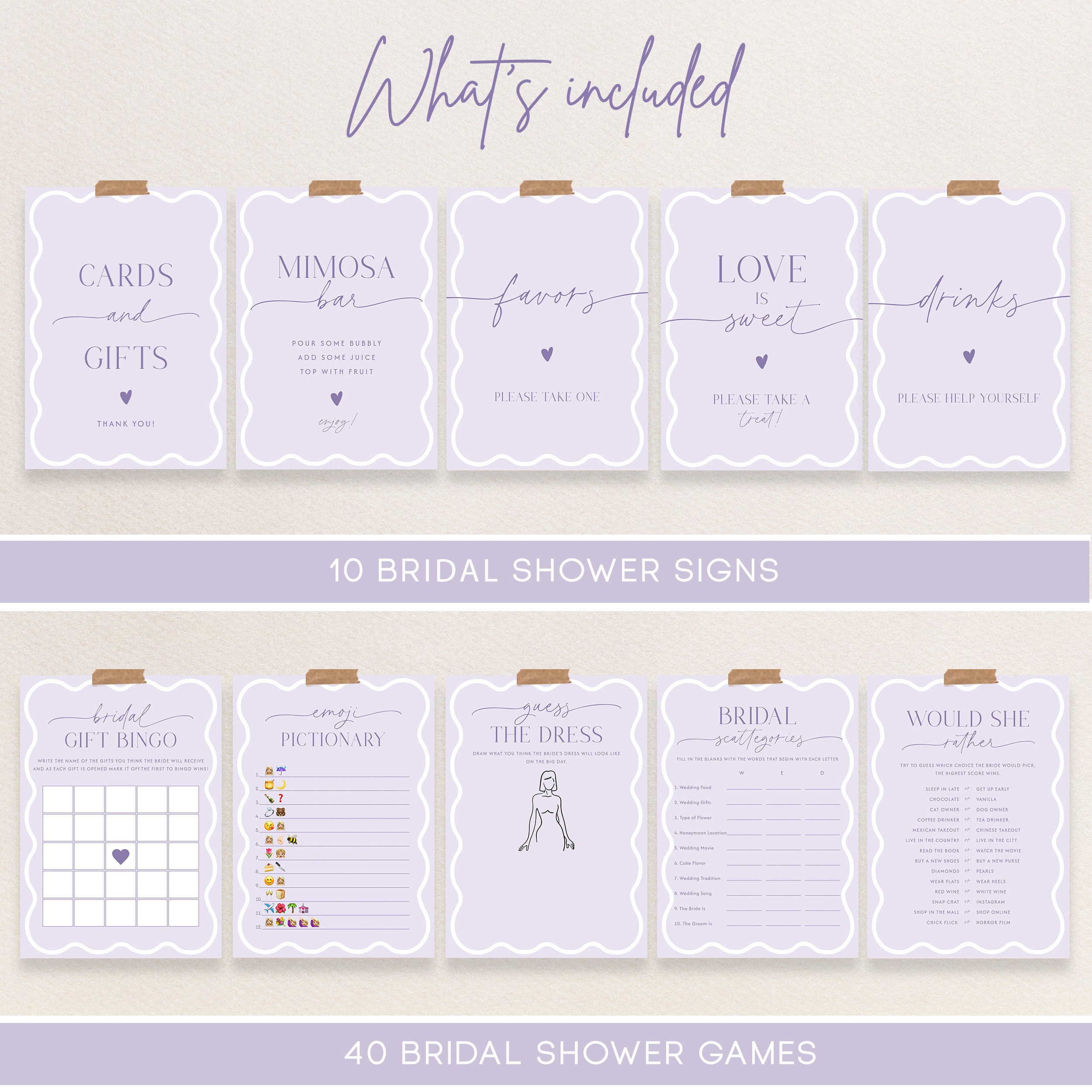 Purple Wavy Bridal Shower Games Bundle Lavender Bridal Shower Signs Set ...