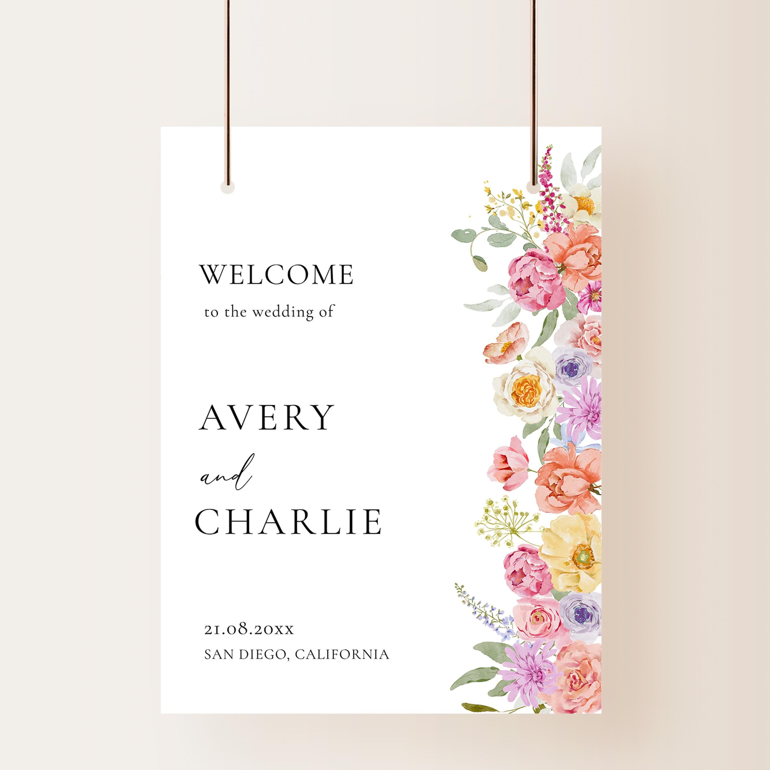 Pastel Floral Wedding Welcome Sign Template Colorful Flowers Welcome ...