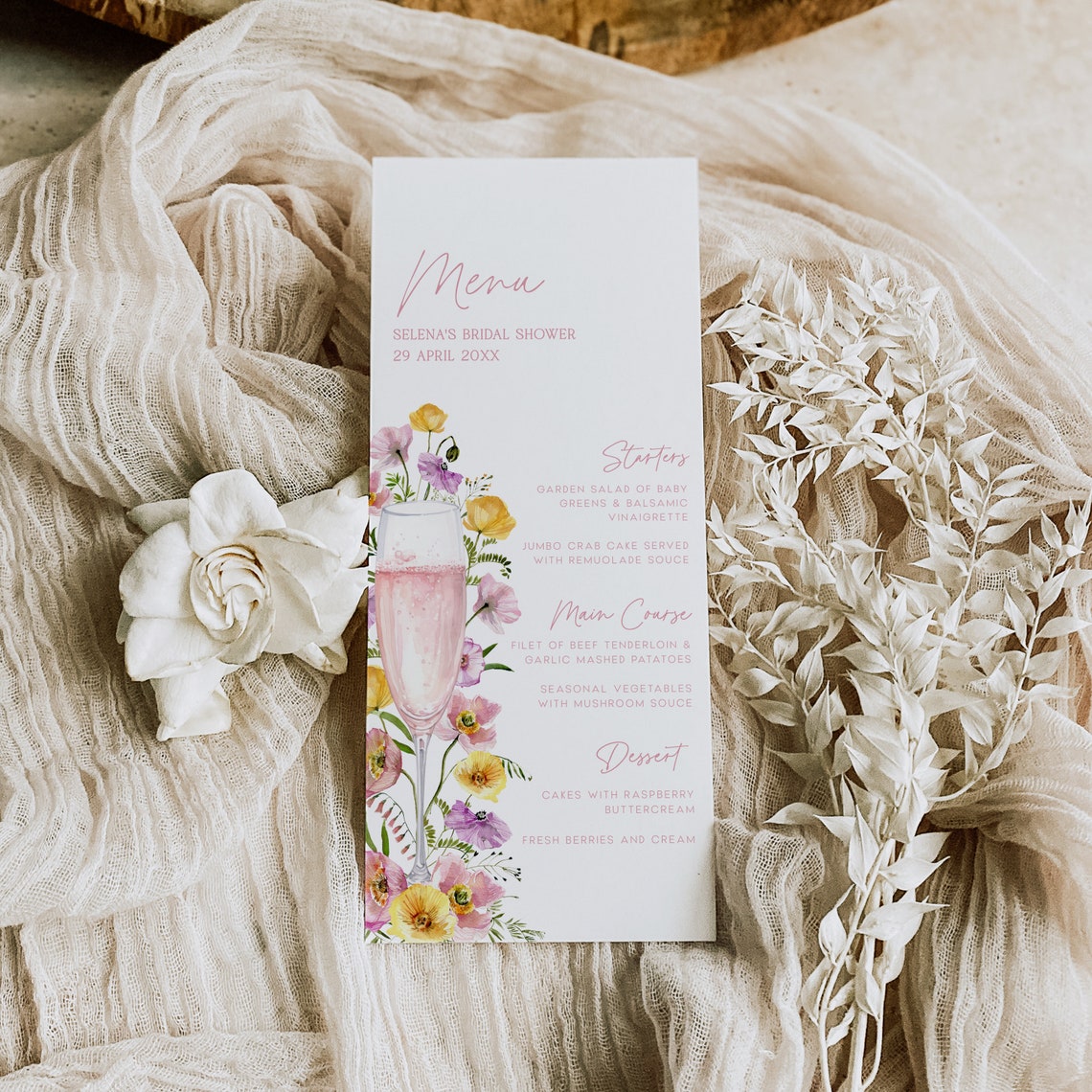 Petals and Prosecco Bridal Shower Menu Template Spring Floral Menu Pink ...