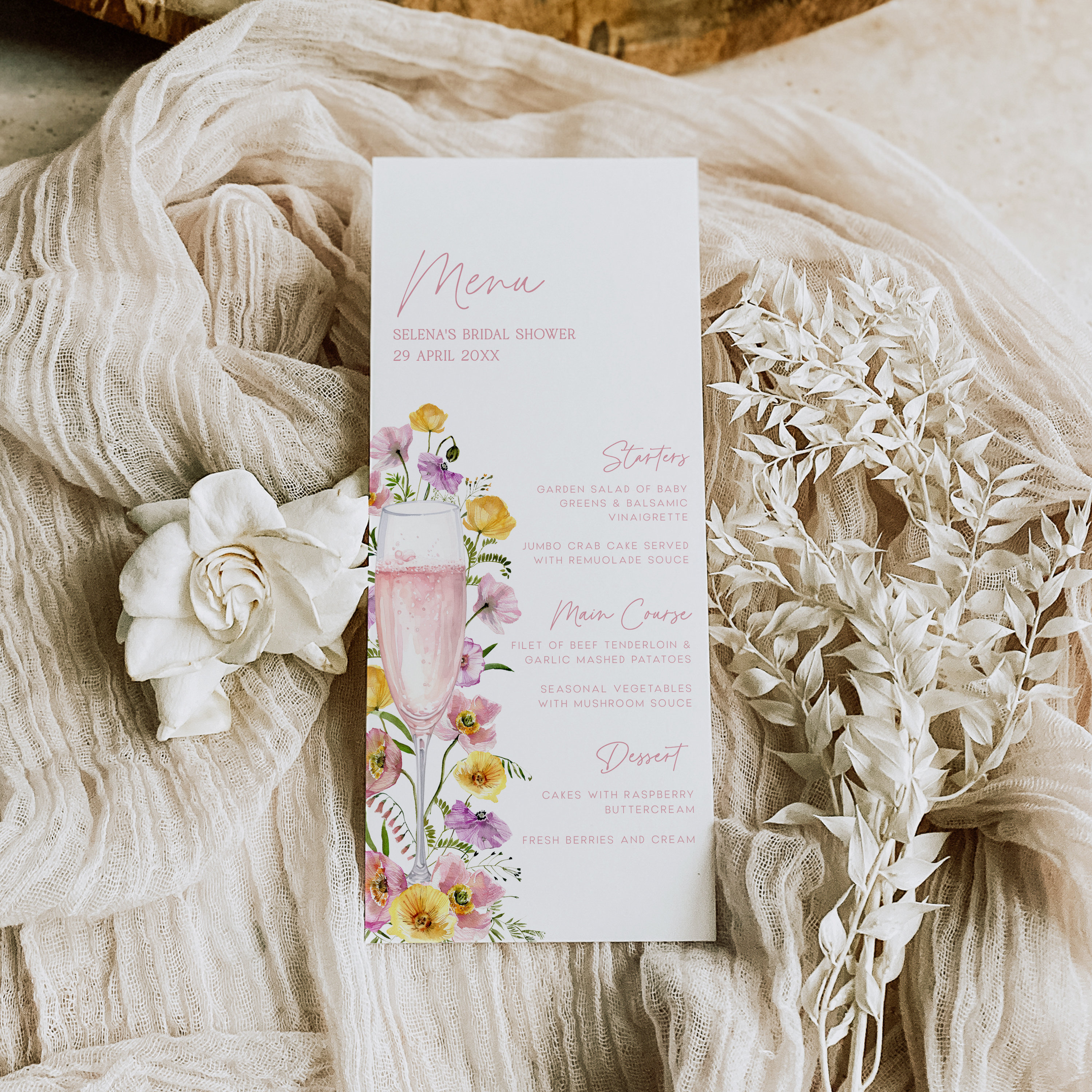 Petals and Prosecco Bridal Shower Menu Template Spring Floral Menu Pink ...