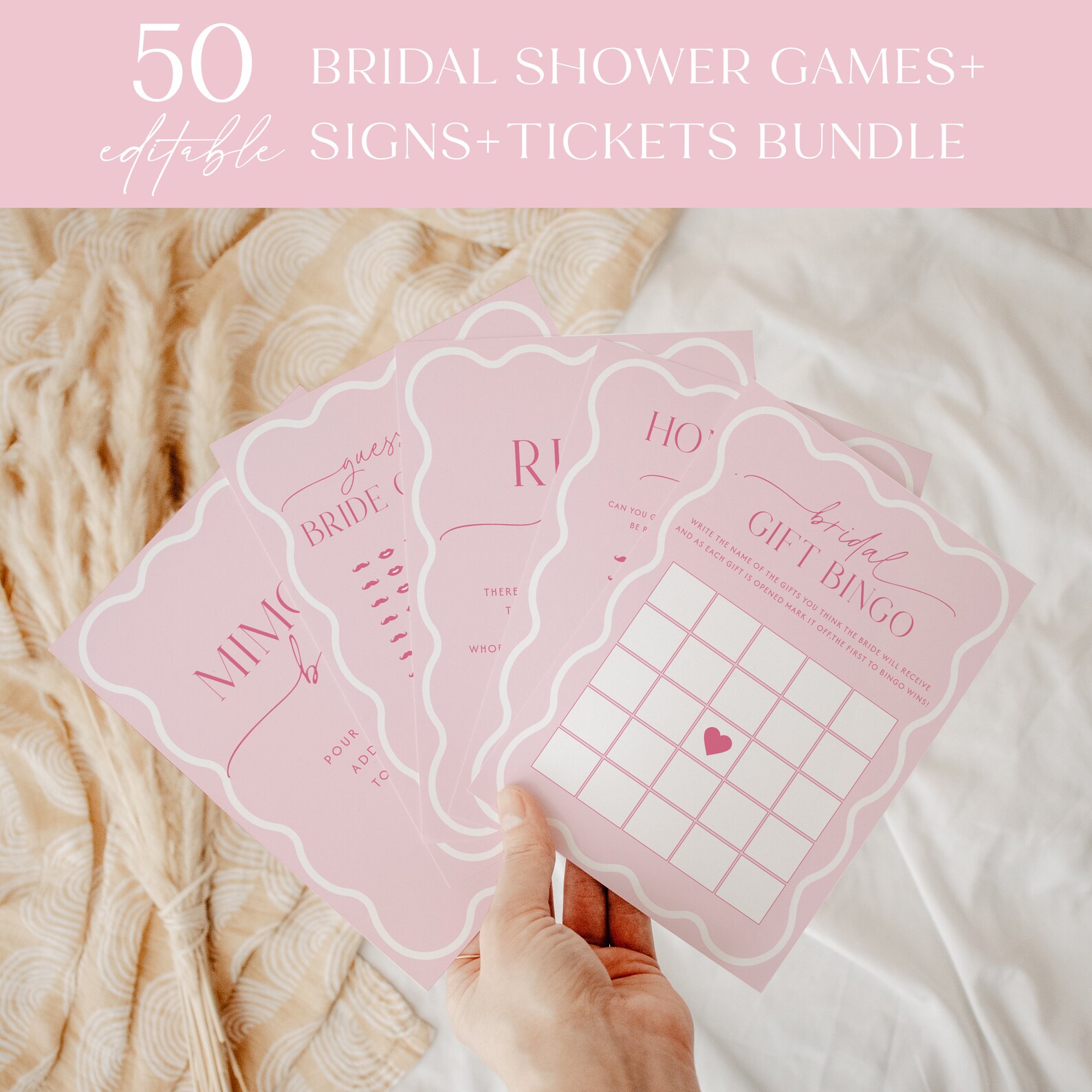 Pink Wavy Bridal Shower Games Bundle Soft Pink Bridal Shower Signs Set ...