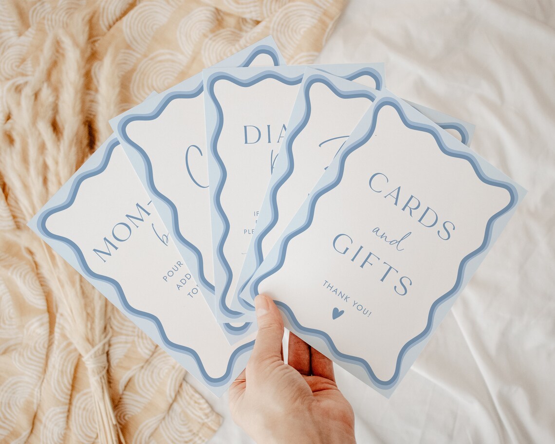 Blue Wavy Border Baby Shower Signs Bundle Scalloped Frame Table Sign ...