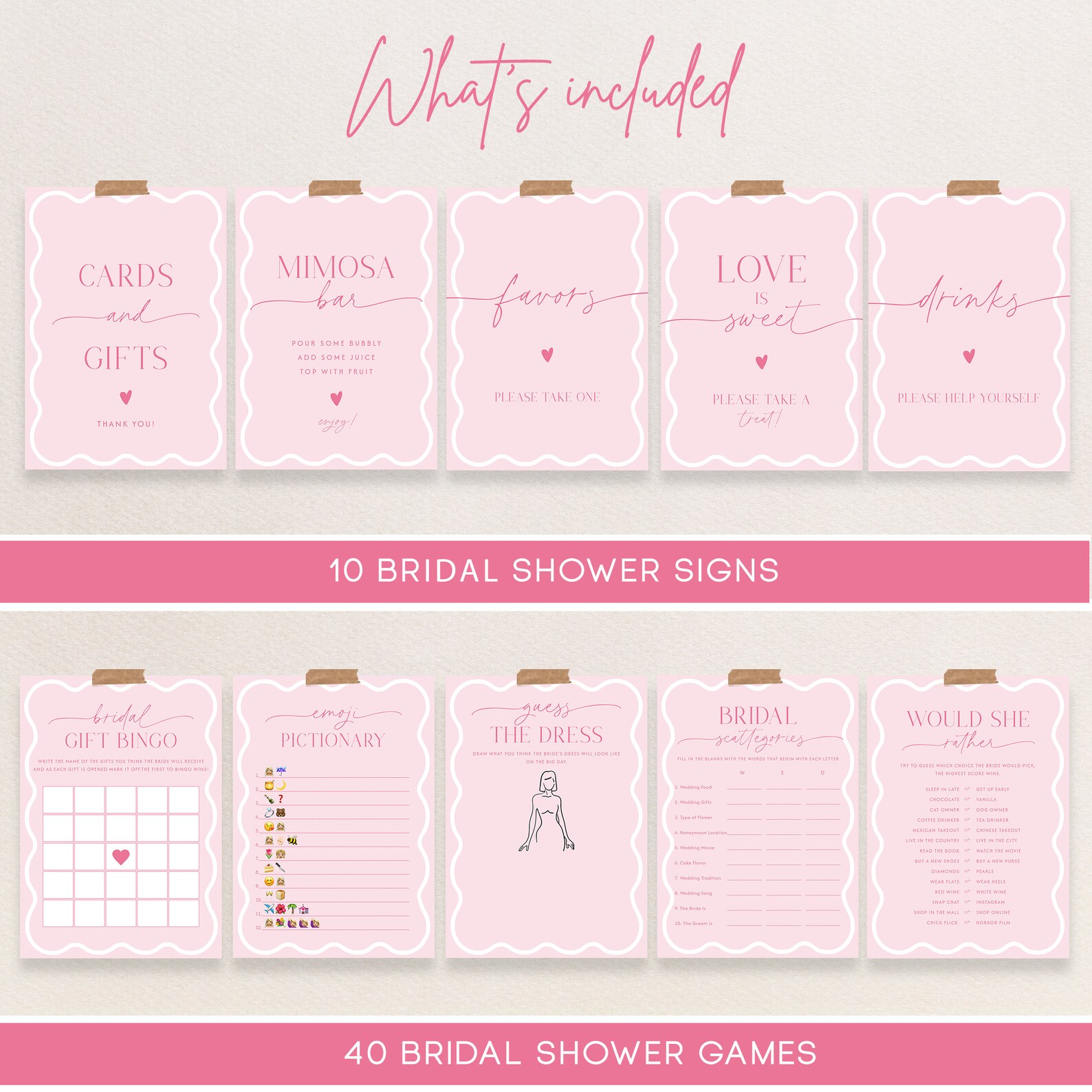 Pink Wavy Bridal Shower Games Bundle Soft Pink Bridal Shower Signs Set ...