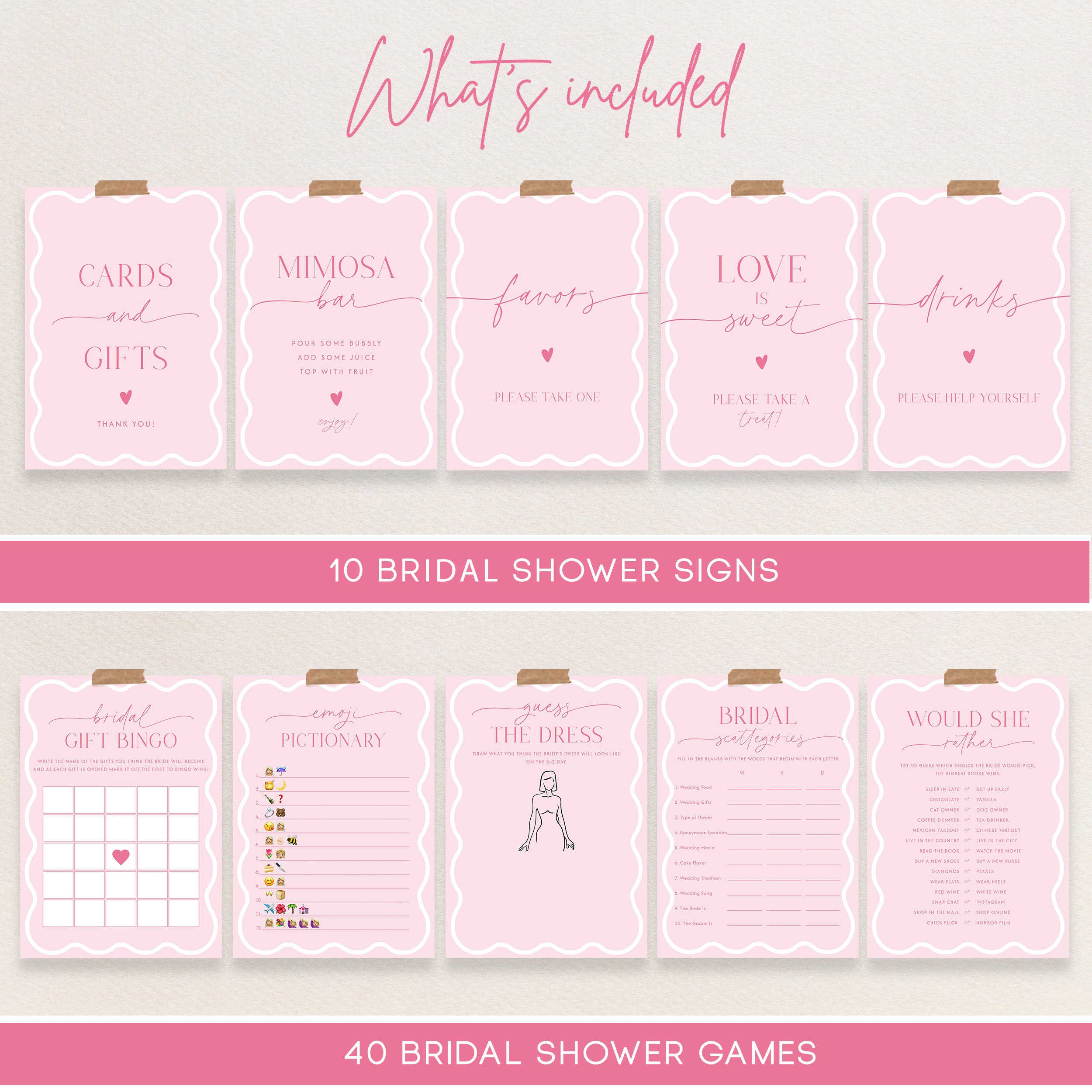 Pink Wavy Bridal Shower Games Bundle Soft Pink Bridal Shower Signs Set ...