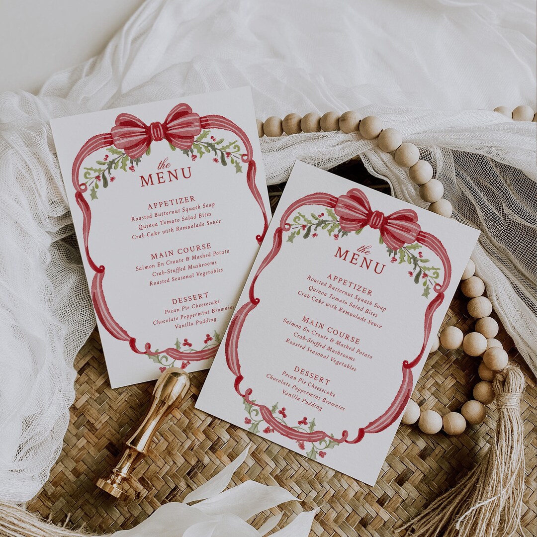 Editable Christmas Menu Template, Watercolor Ribbon Frame Menu Card ...