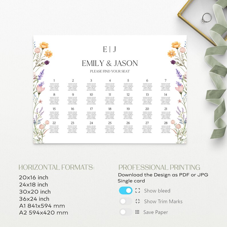 Wildflower Wedding Seating Chart Templatefloral Seating Chart - Etsy