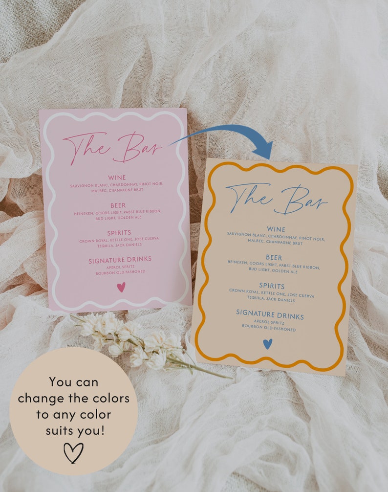 Wavy Bar Sign Template,wedding Bar Menu,signature Drinks, Editable Bar ...