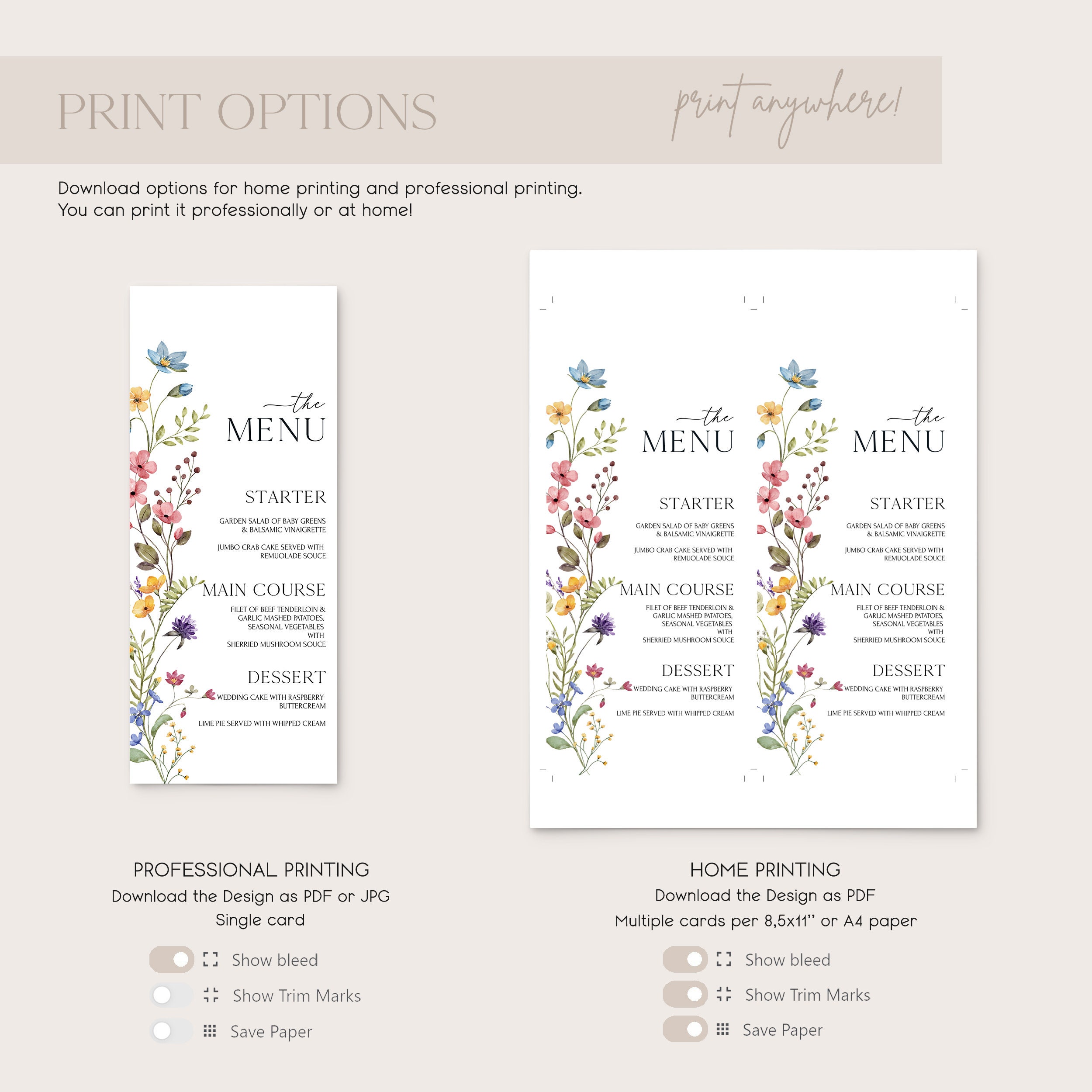 Wildflower Menu Template Floral Wedding Menu Boho Flowers Event Menu ...