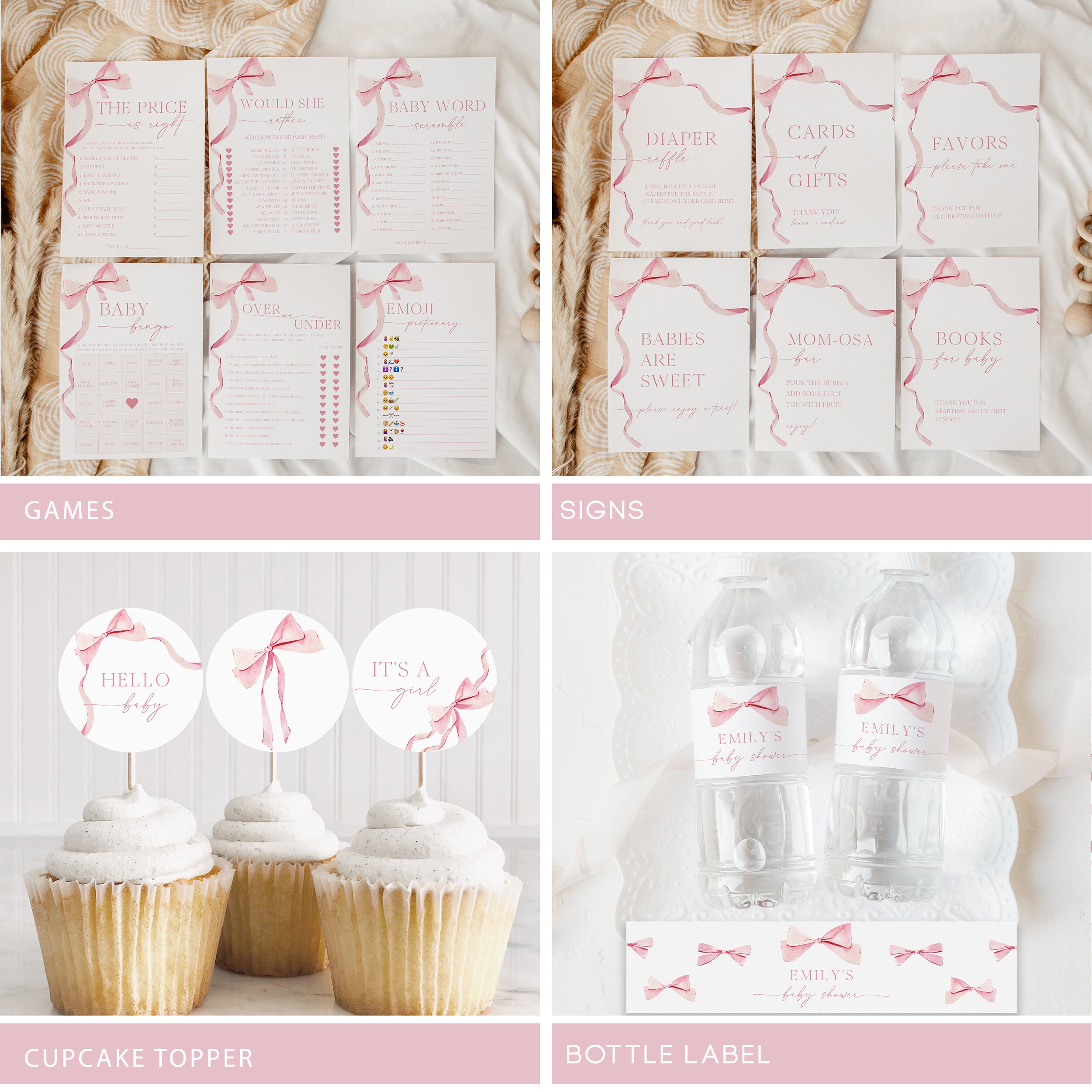 Pink Bow Baby Shower Bundle Printable Watercolor Ribbon Baby Shower ...