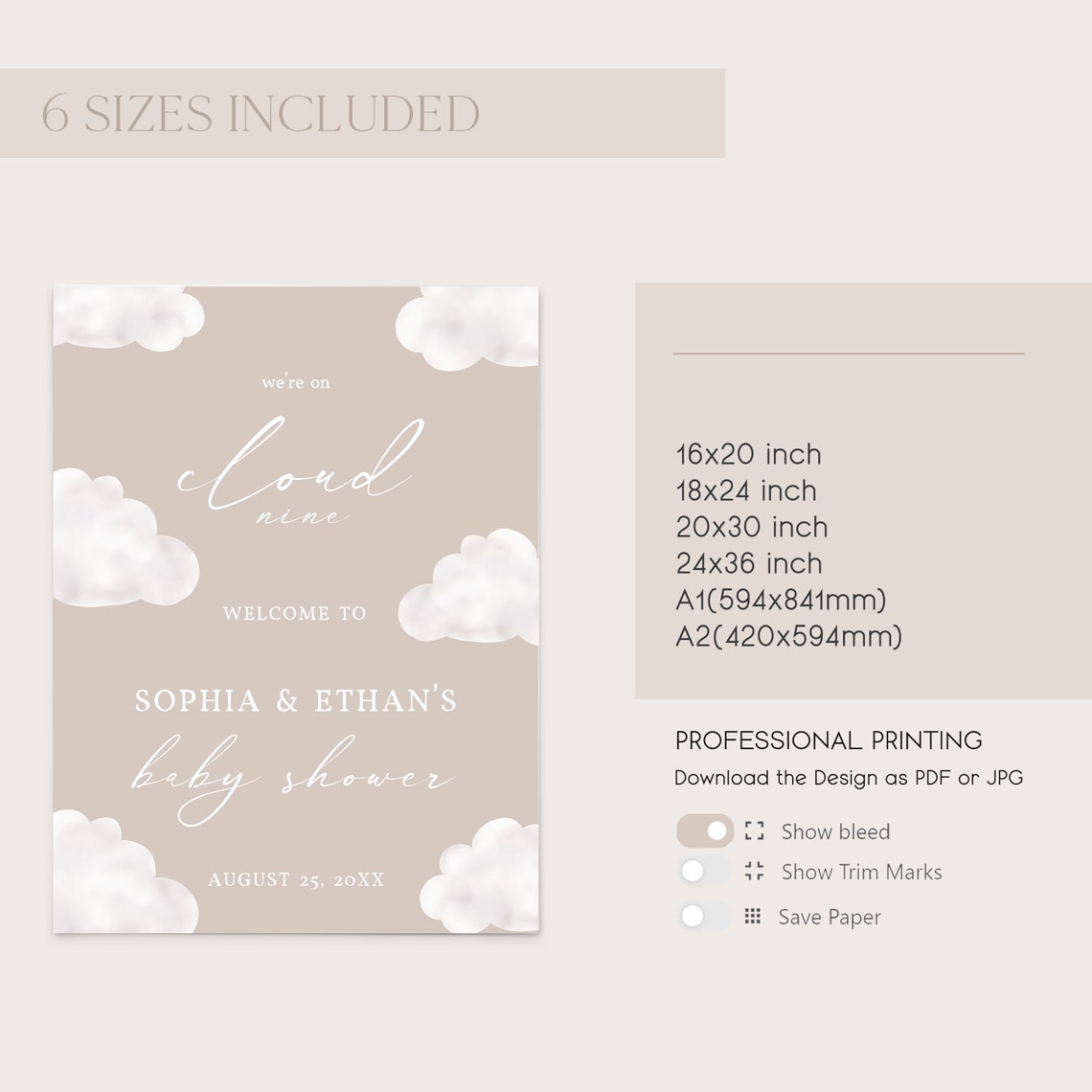 Neutral Cloud Baby Shower Welcome Sign Template Cloud Nine Welcome ...